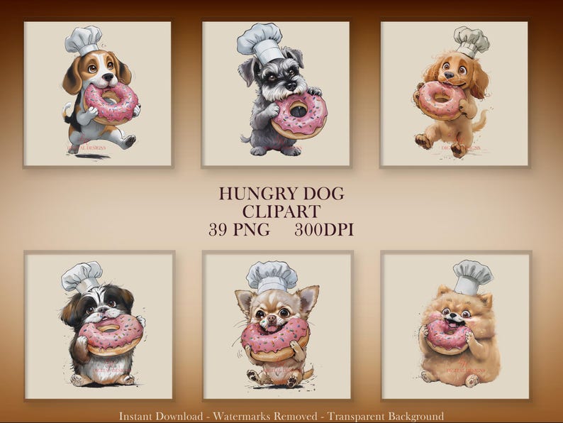 Hungry Chef Dogs Eating Donuts Clipart 39 PNG Bundle (commercial ...