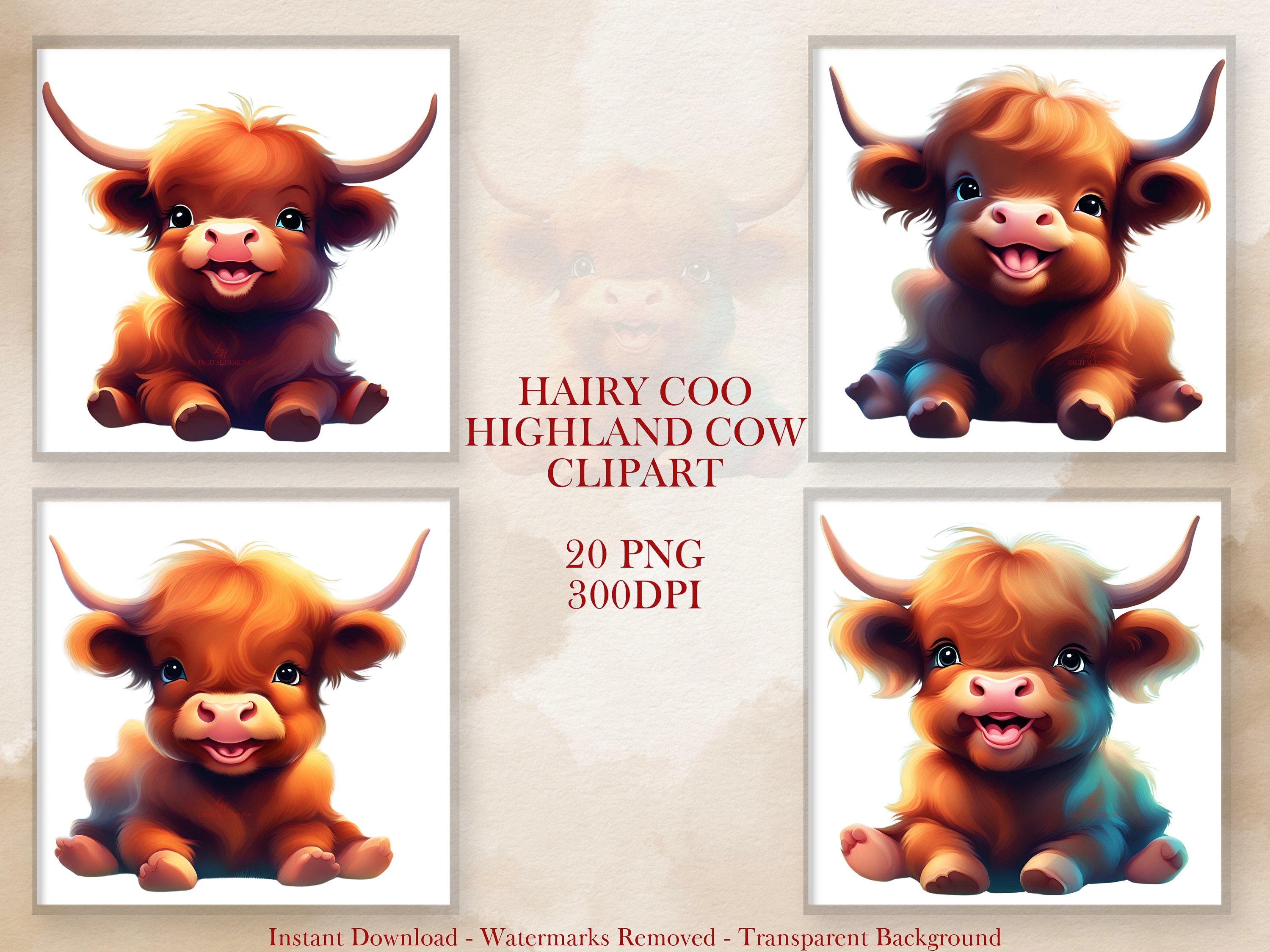 Cute Hairy Coo, Highland Cow Clipart PNG 20 Pngs, Set B, Instant ...