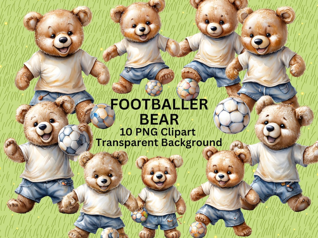 Footballer Bear, 10 PNG Clipart Bundle, Instant Download, Commercial ...