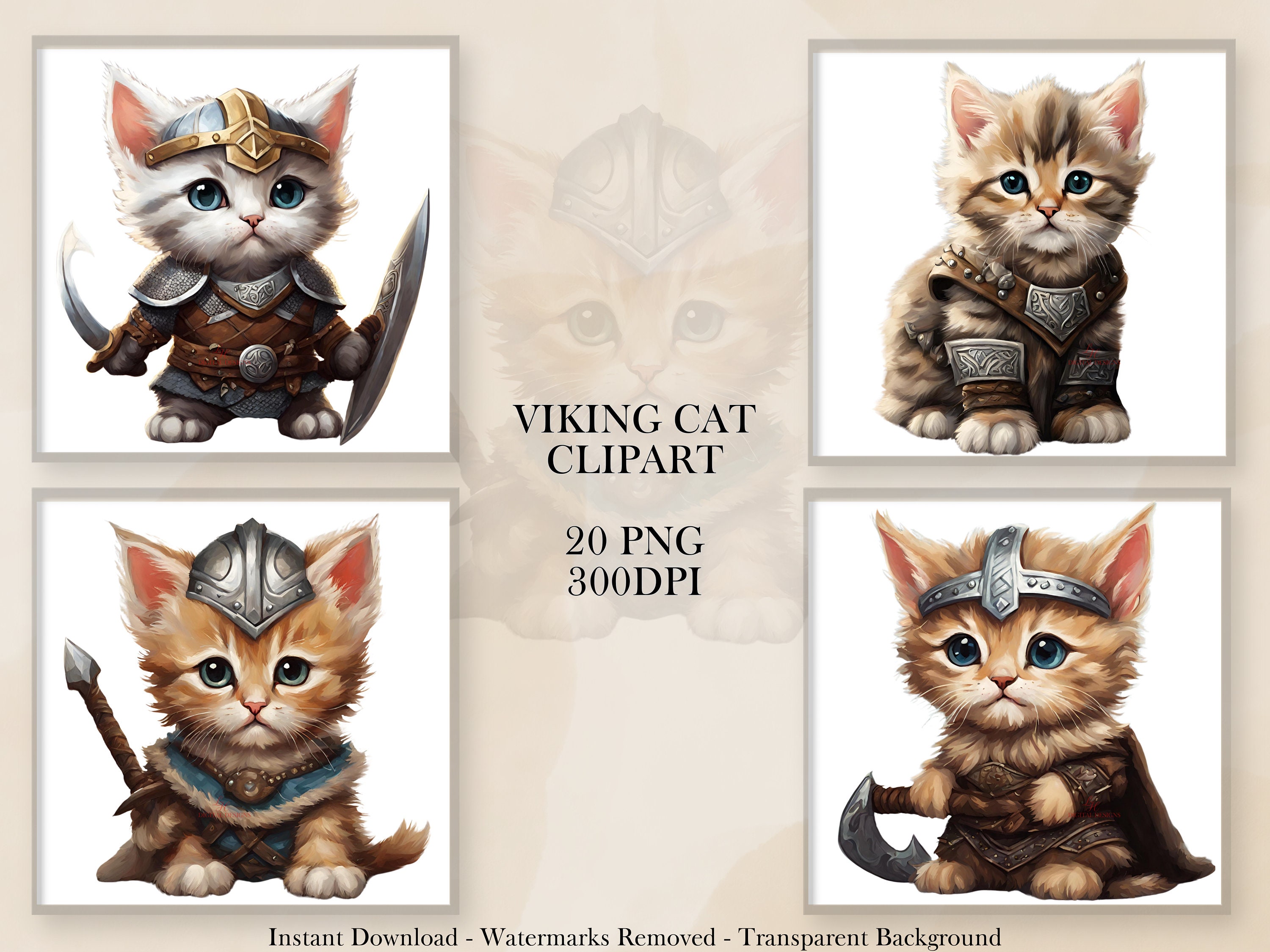 Viking Cat Clipart Bundle: Warrior Kittens, 20 PNG Images (digital ...