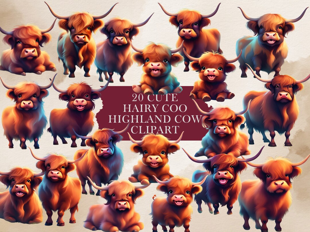 Cute Hairy Coo, Highland Cow Clipart PNG - 20 Pngs, Set B, Instant ...