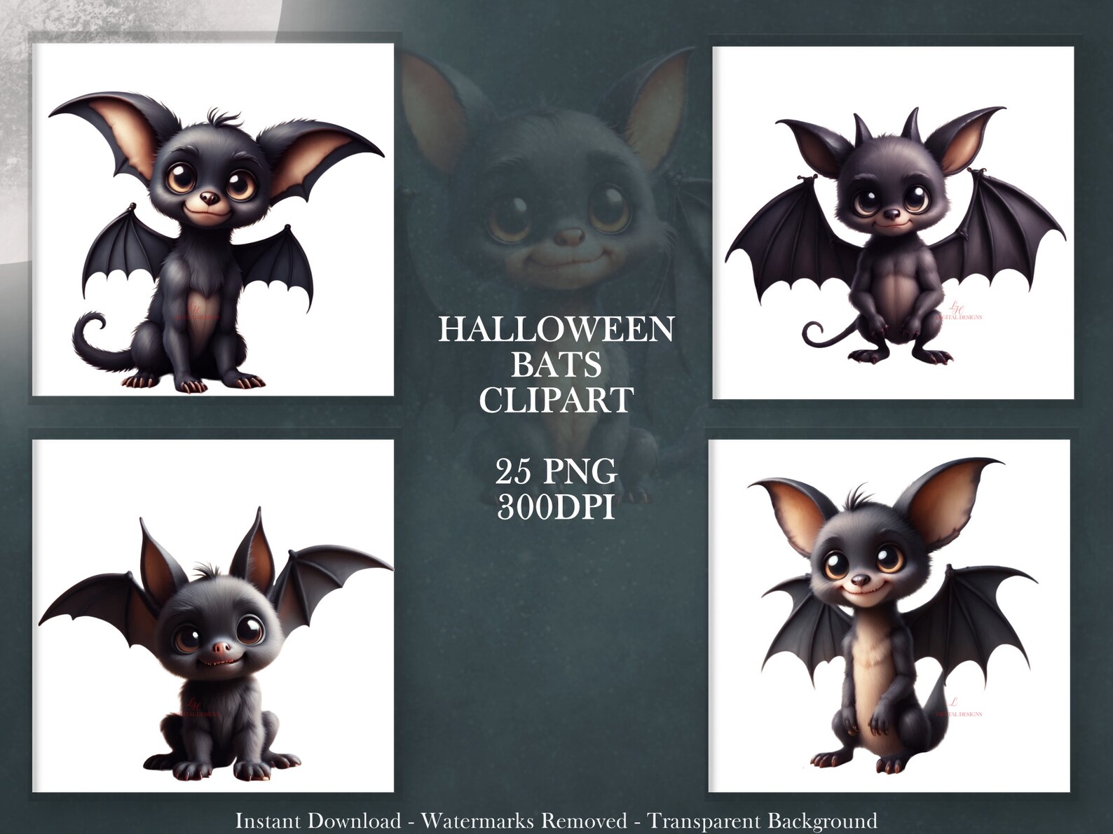 Cute Halloween Bats, 25 PNG Clipart Bundle, Instant Download ...