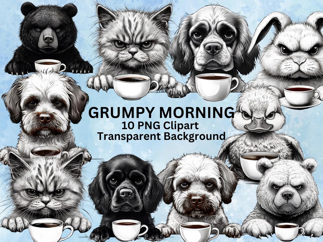 Grumpy Animals Coffee Clipart Bundle: 10 PNG Images (commercial ...