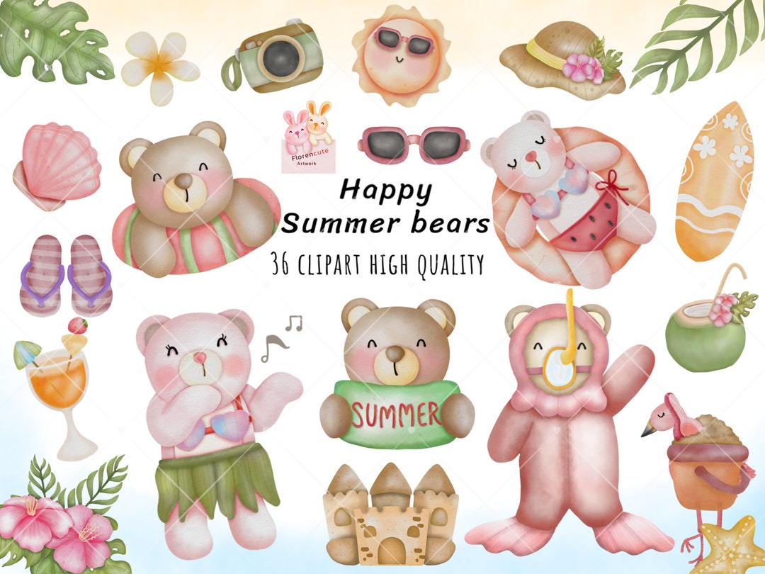 Happy Summer Bears/bears on Vacation, Summer on the Beach, Cute Bears ...