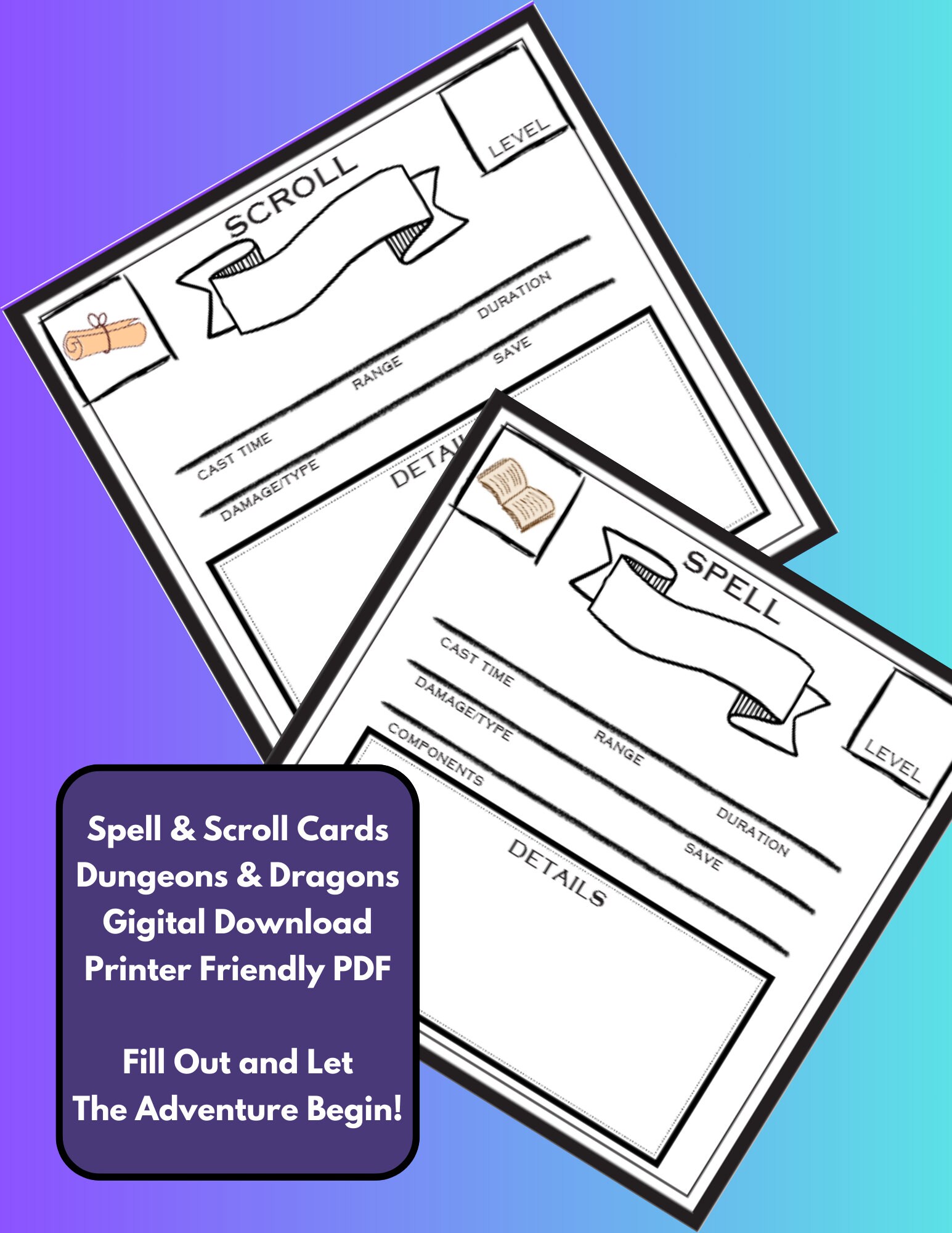 Spell & Scroll Cards DND - Printable PDF Digital Download - Etsy