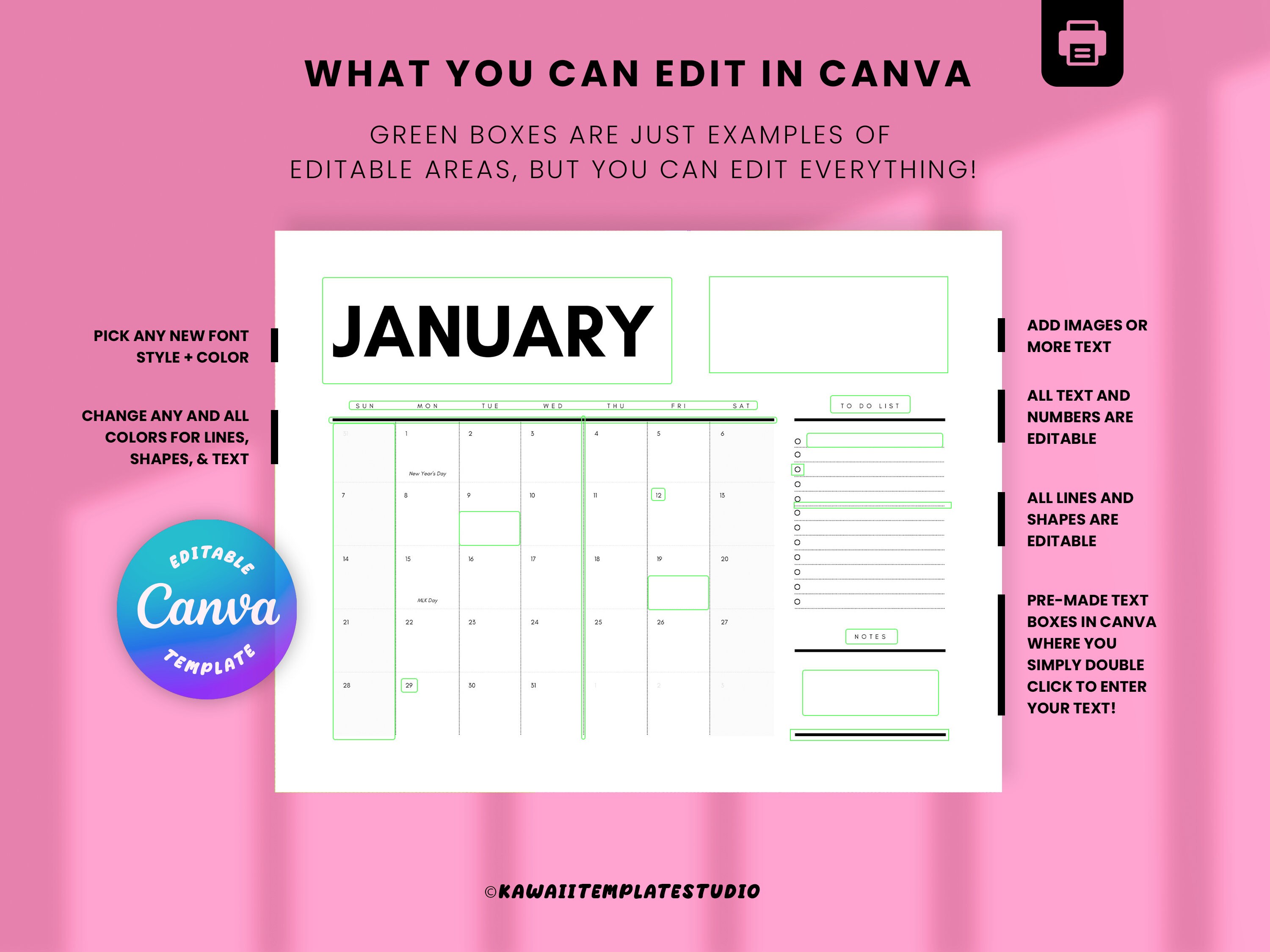 Editable & Printable Minimalist Calendar 2024 Monthly Planner | Letter, 11x17, A4, A3 | Sunday ...