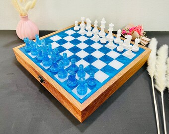 Blue Wooden Chess Set 35 X 35 Cm, Handcrafted Wooden Chess Set, Travel ...