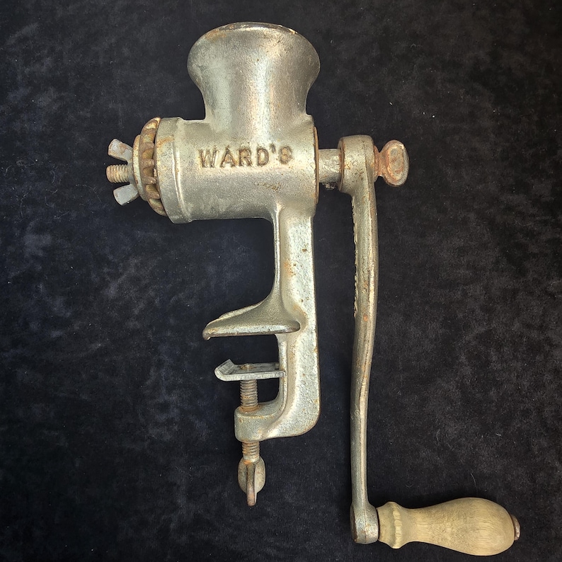 Vintage Wards Hand-crank Meat Grinder – Cast Iron With Wooden Handle - Etsy