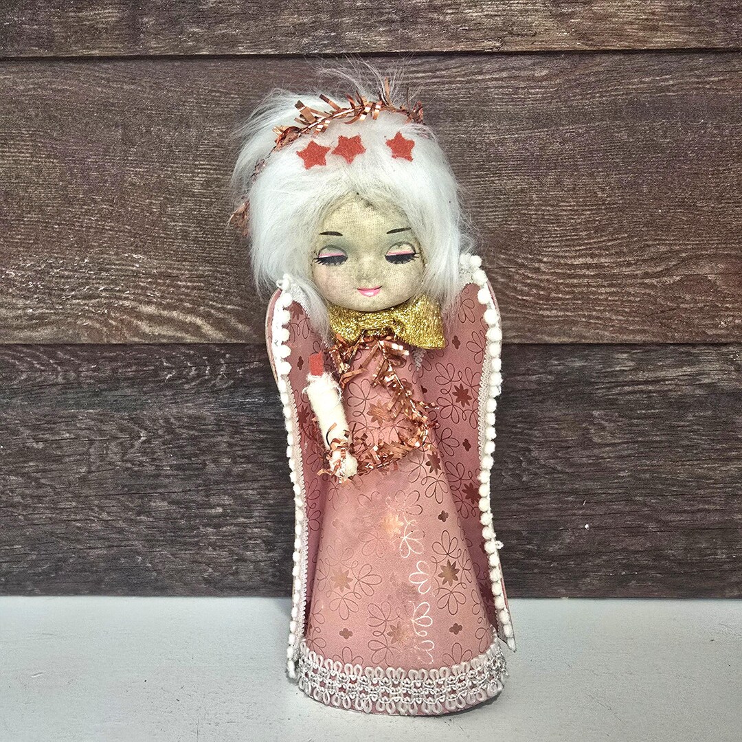 Vintage MCM Paper Angel Tree Topper, Pink Dress, Gold Glitter Collar ...