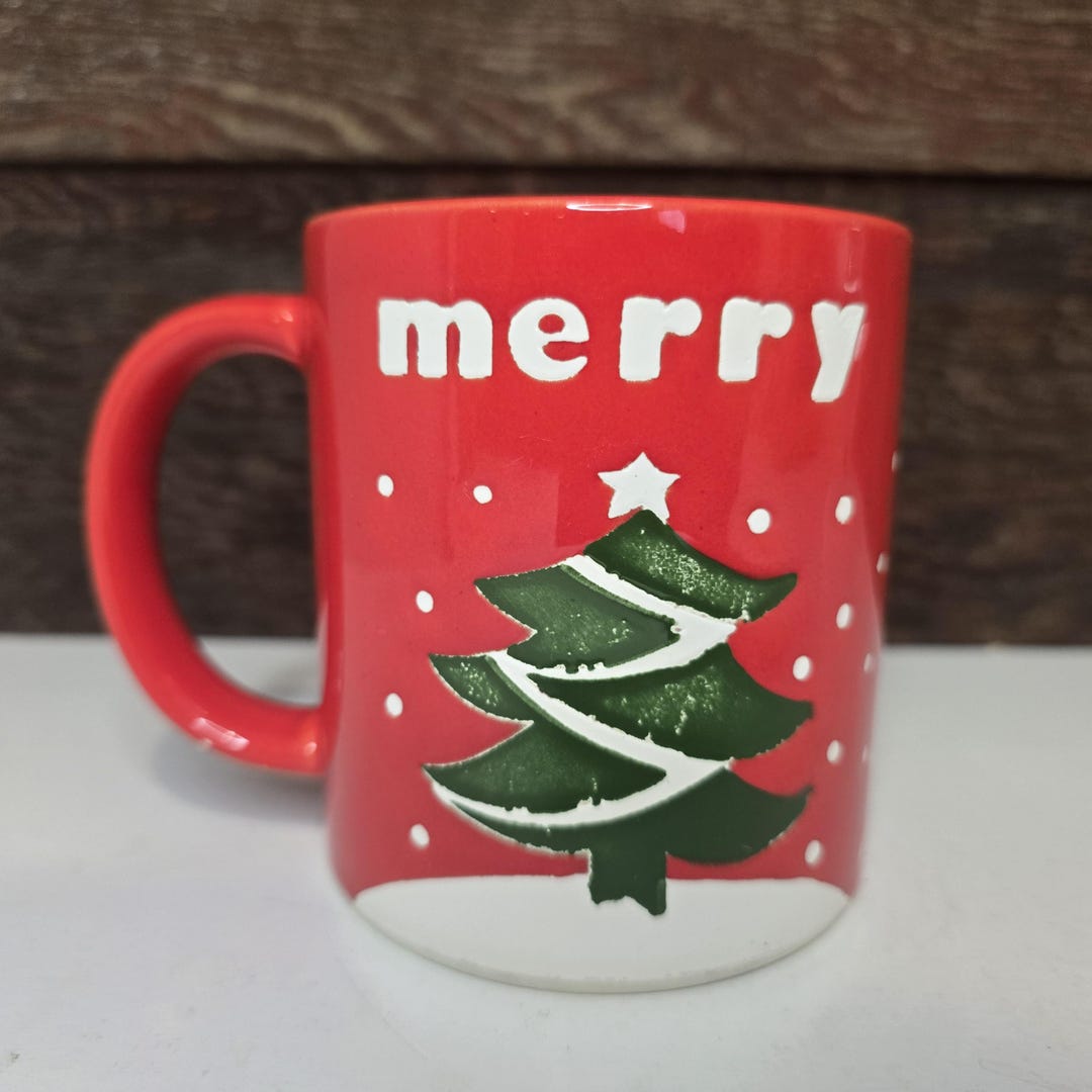Festive Red Mug With Green Christmas Tree Merry - Etsy