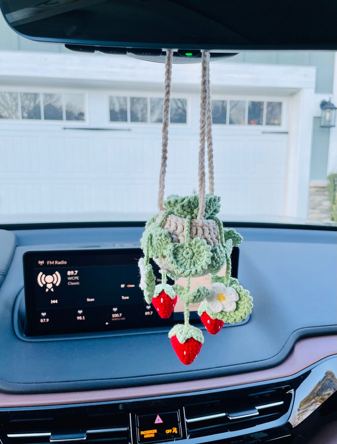 Crochet Strawberry Car Hanging Plant: Rearview Mirror Decoration - Etsy