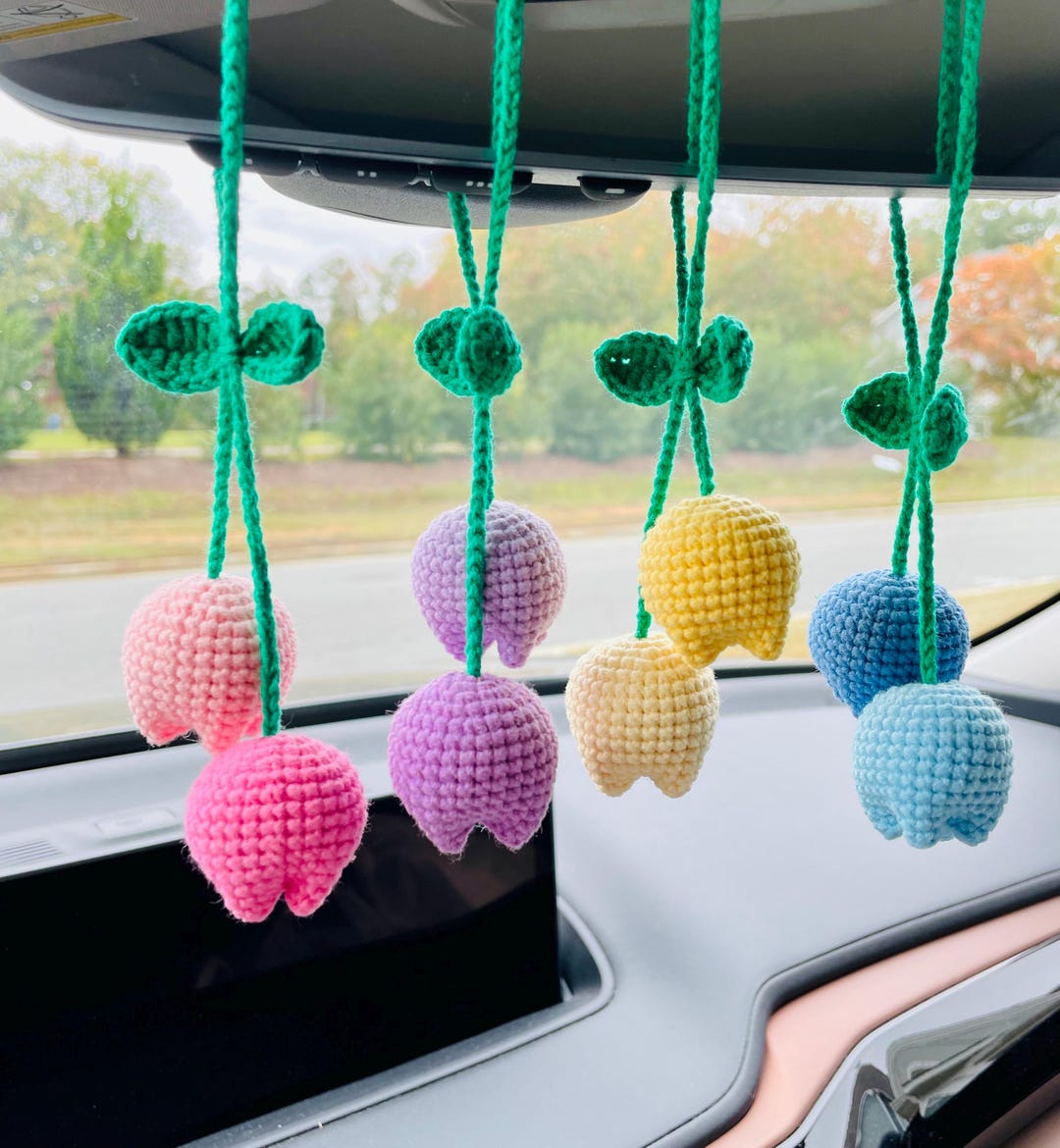Crochet Flowers Hanging Decor, Rearview Mirror Decor Car Assessories ...