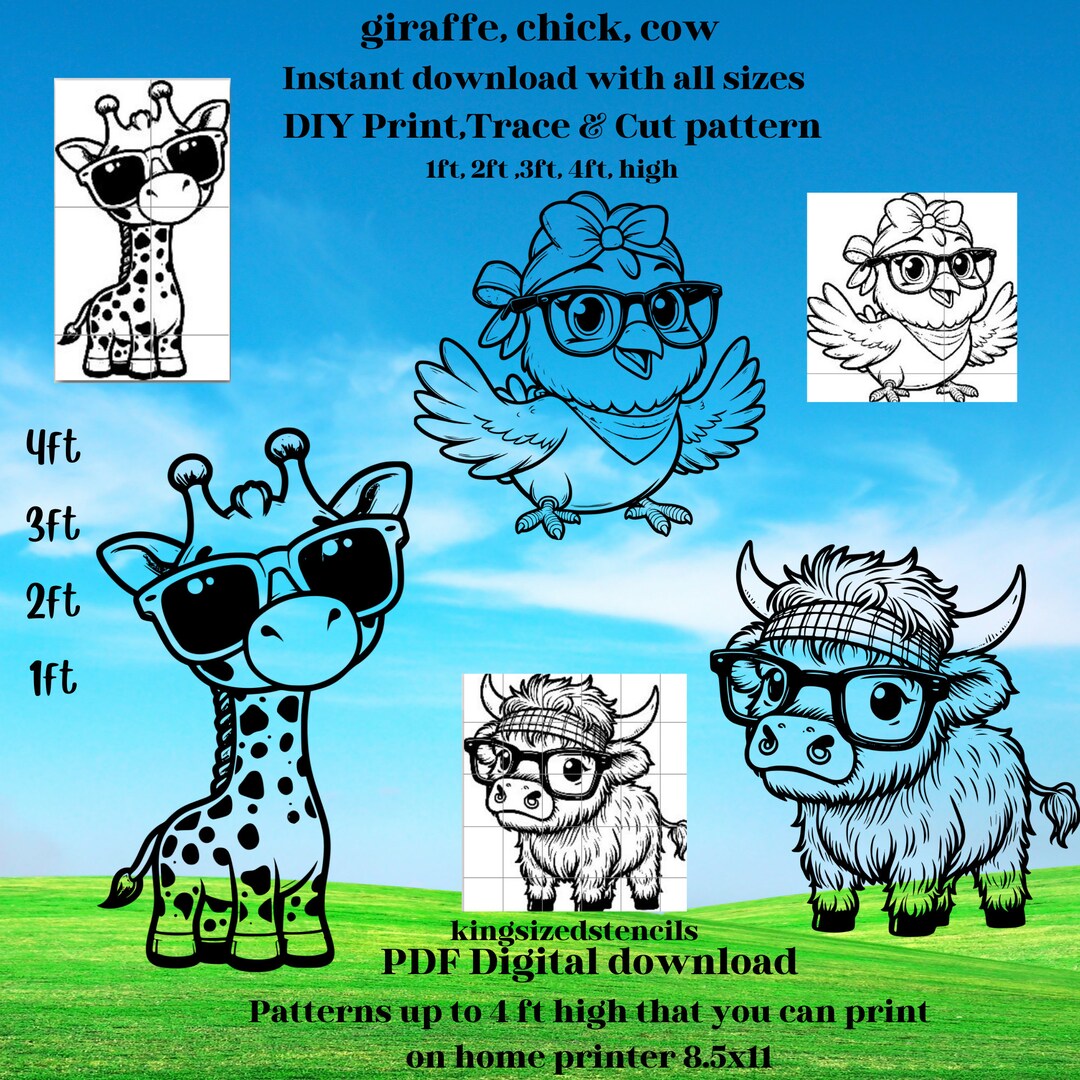 1 to 4ft Giraffe, Chick, Cow Wearing Glasses Bundle , DIY , Backdrop ...