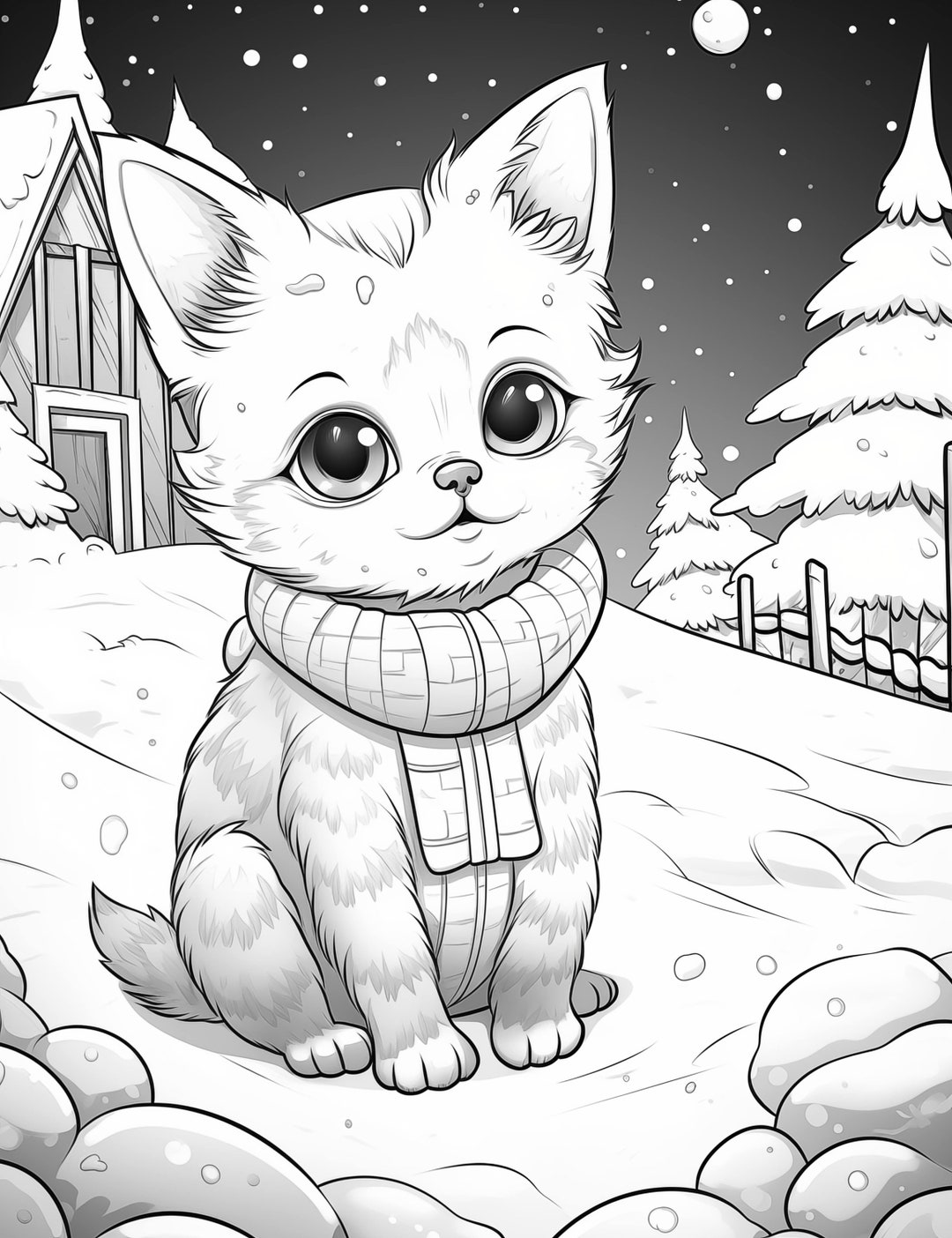Christmas Cat Coloring Page for Kids and Adults, Instant Download, Jpg ...