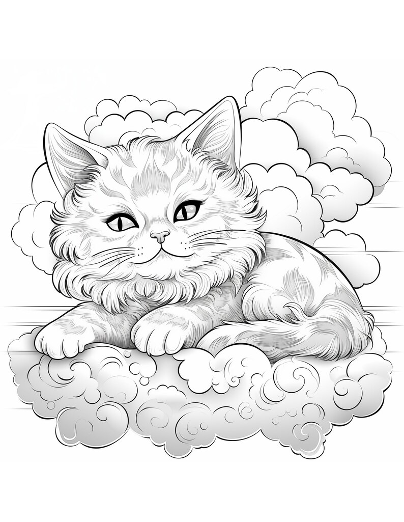 Cloudy Cat Coloring Page Grayscale Illustration Instant Download ...