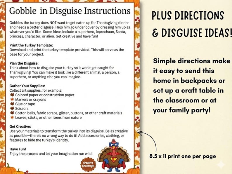 Turkey Disguise Template: Thanksgiving School Project, Editable ...