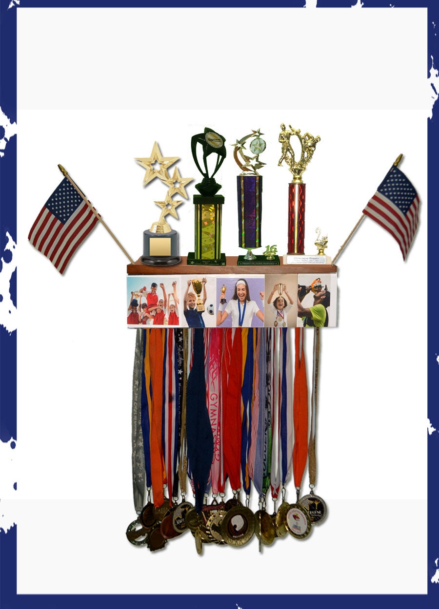 Medal Hanger and Trophy Shelf With Photo Display and 25 Hooks for Award ...
