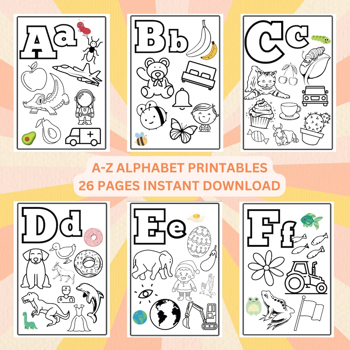 Printable Colouring Sheets for Kids, A-Z Alphabet, Instant Download, 26 ...