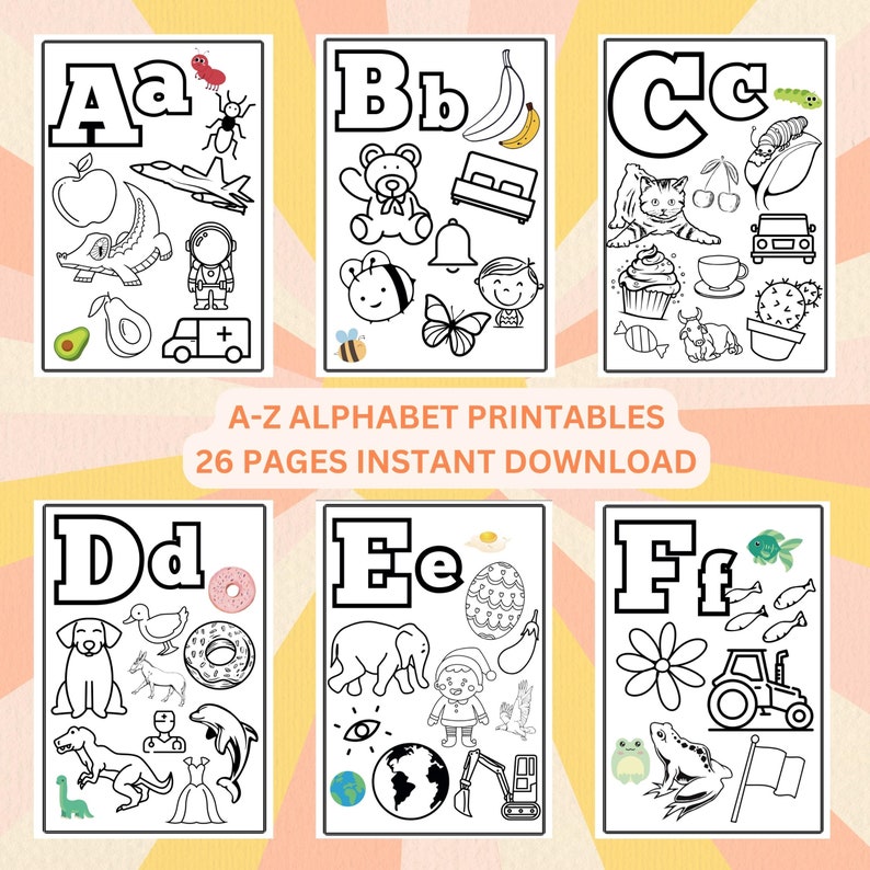 Printable Colouring Sheets for Kids, A-Z Alphabet, Instant Download, 26 ...
