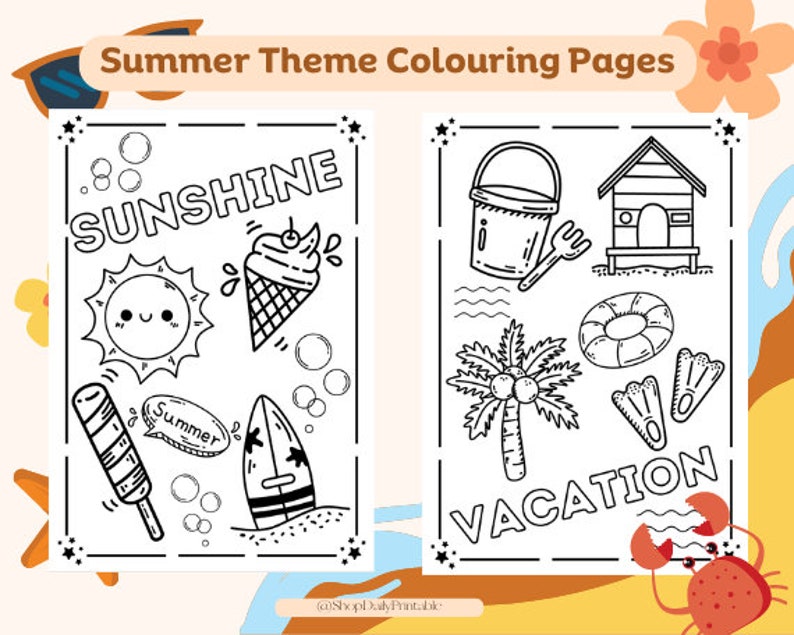 Summer Theme Coloring Pages for Kids | 10 Pages of Summer Theme ...