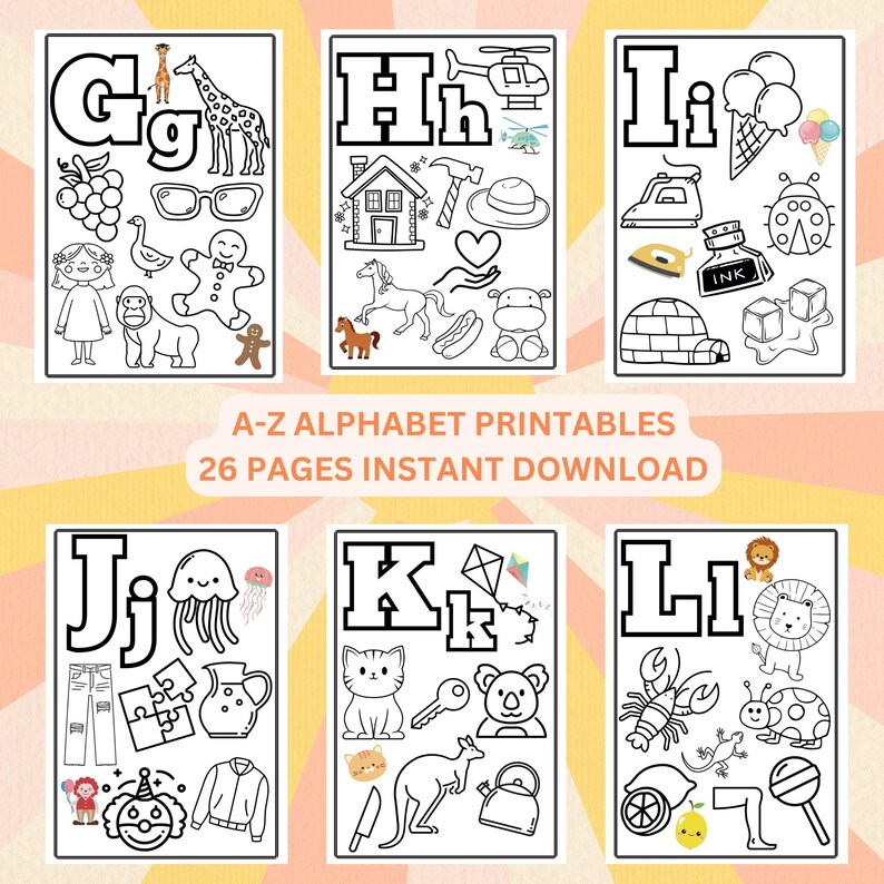 Printable Colouring Sheets for Kids, A-Z Alphabet, Instant Download, 26 ...
