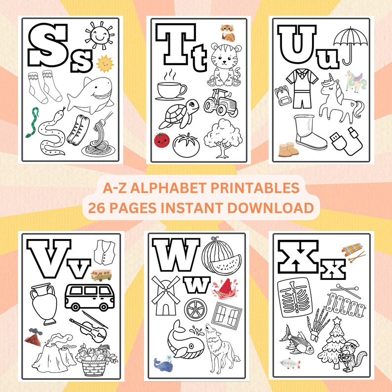 Printable Colouring Sheets for Kids, A-Z Alphabet, Instant Download, 26 ...