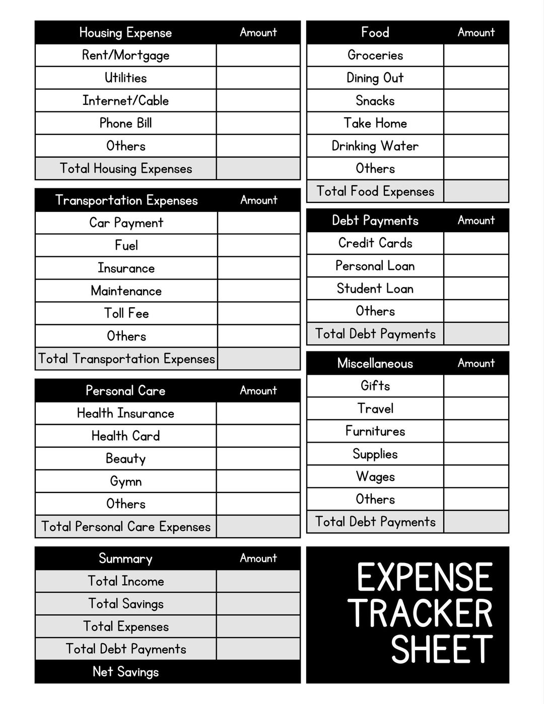 Modern Expense Tracking Sheet Printable Budget Planner - Etsy