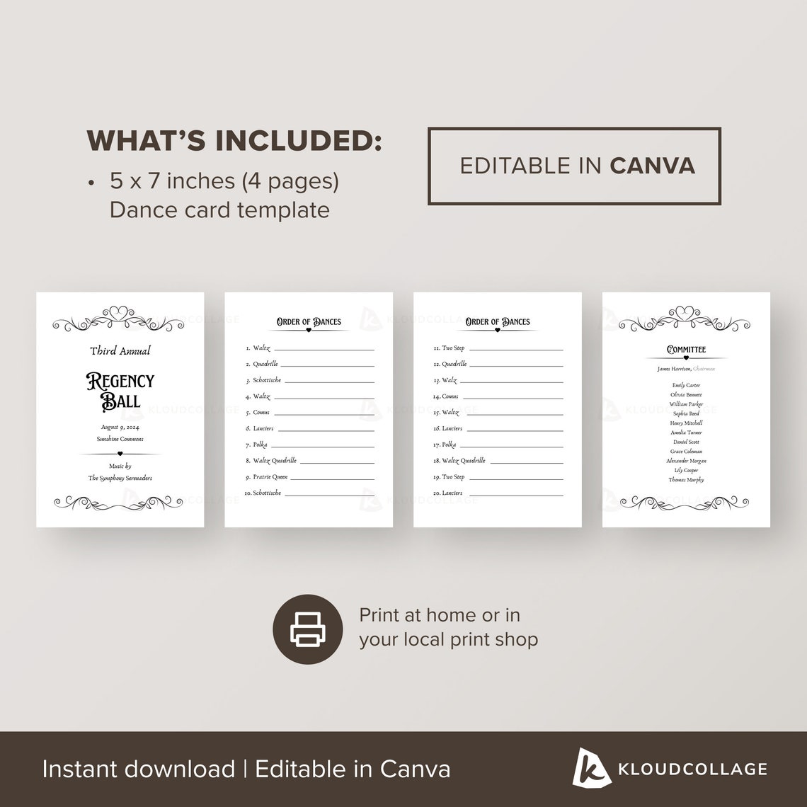 Ball Dance Card Template, Vintage Masquerade Ball Dance Card, Classic ...
