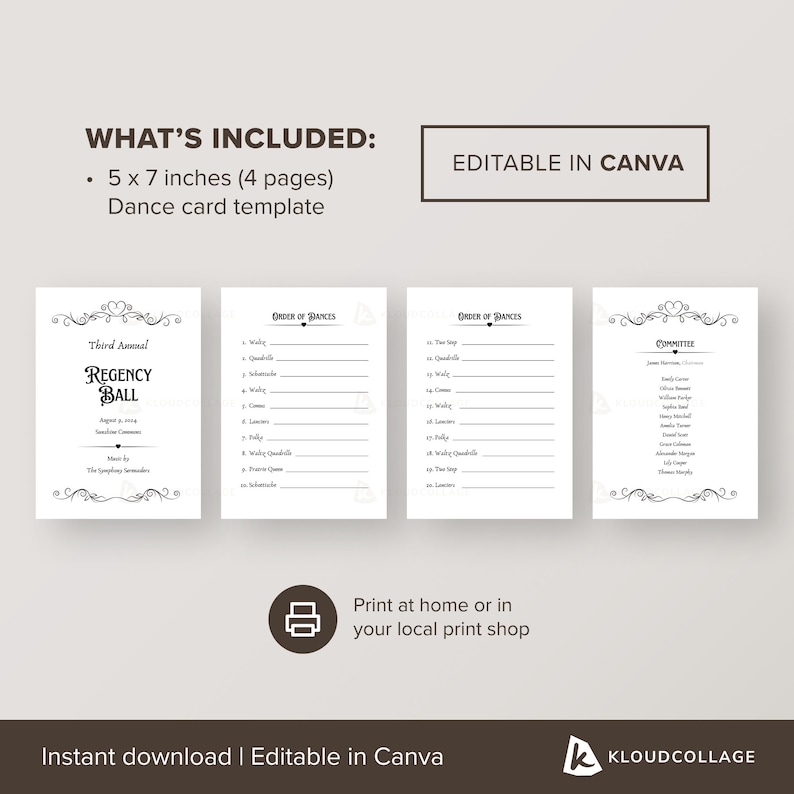 Ball Dance Card Template, Vintage Masquerade Ball Dance Card, Classic ...