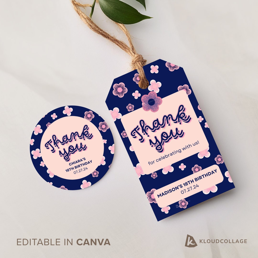 Pink Floral Birthday Favor Tag Template, Thank You Circle Sticker Label ...