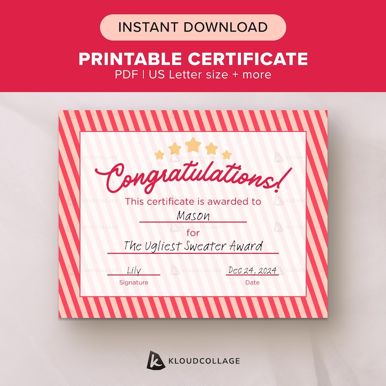 Printable Christmas Certificate, Xmas Party Award, Holiday Certificate ...