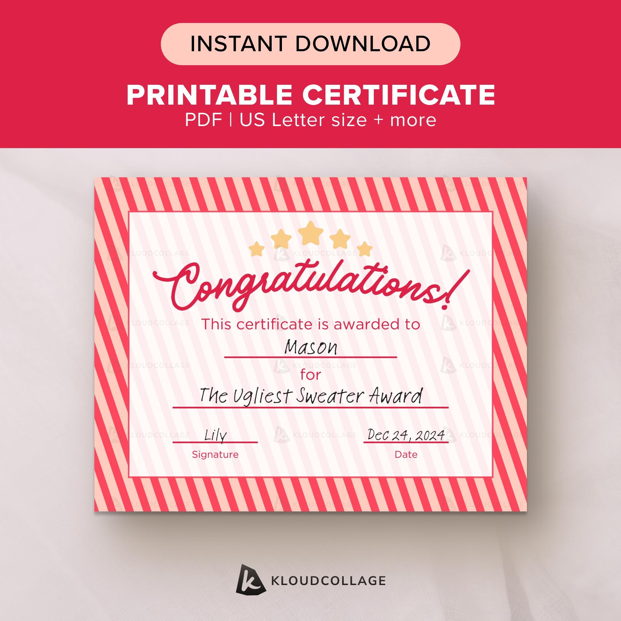 Printable Christmas Certificate, Xmas Party Award, Holiday Certificate ...
