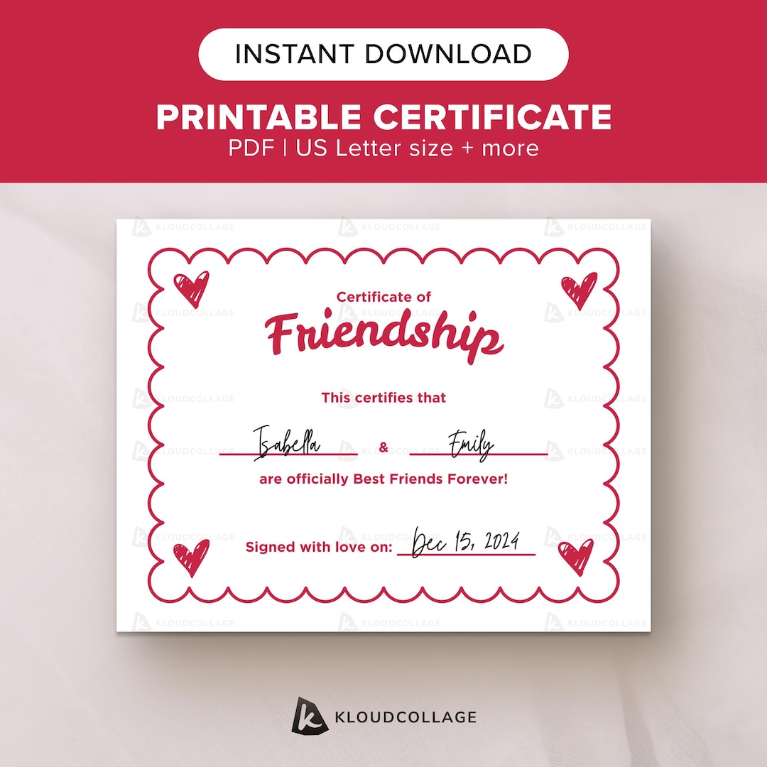 Printable Best Friend Certificate, Cute Friendship Award Template, Fun ...