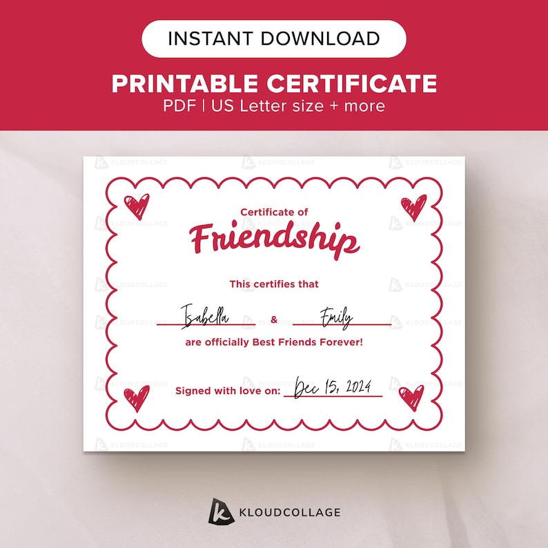 Printable Best Friend Certificate, Cute Friendship Award Template, Fun ...