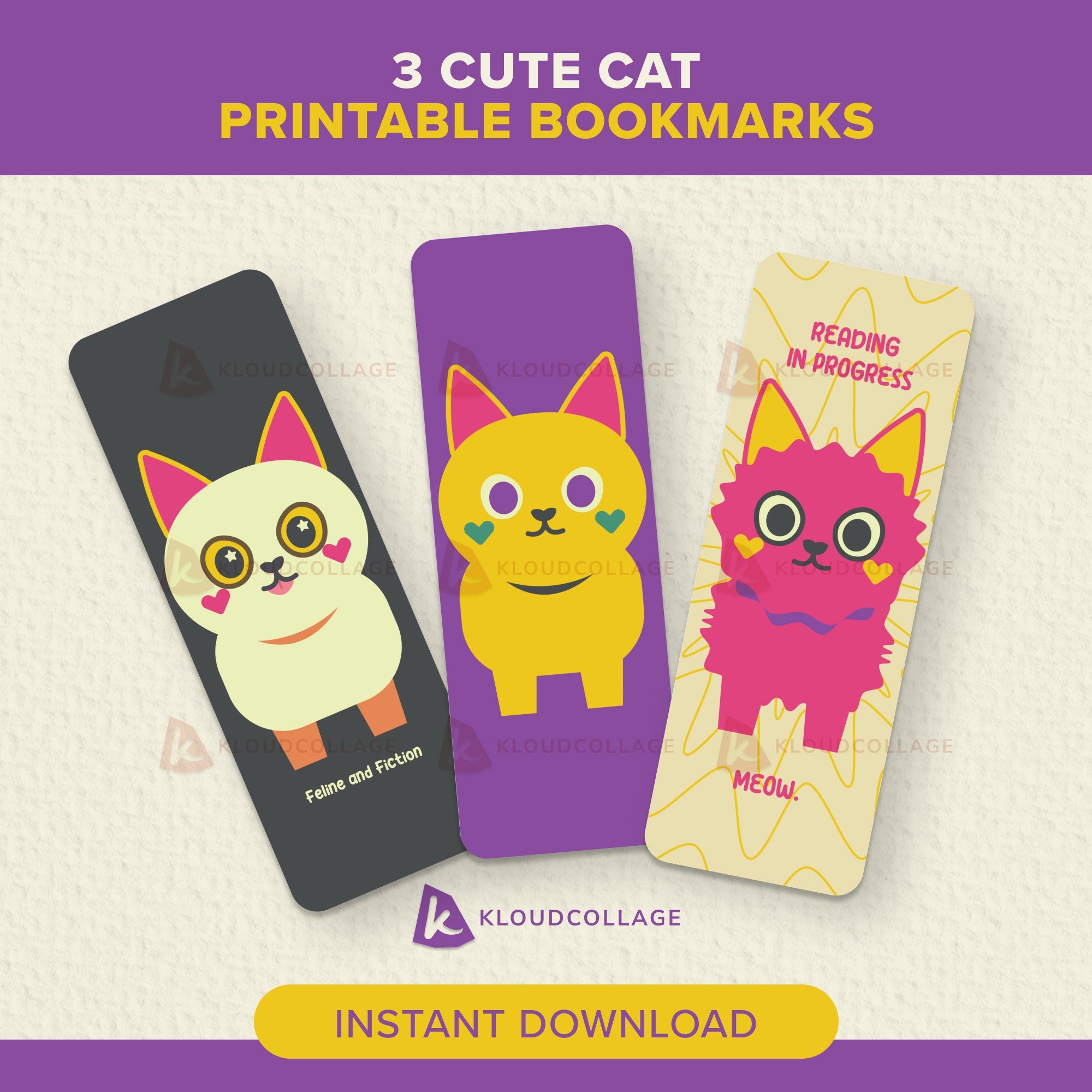 3 Cute Cat Bookmarks Set, Printable JPG Files, Instant Digital Download ...