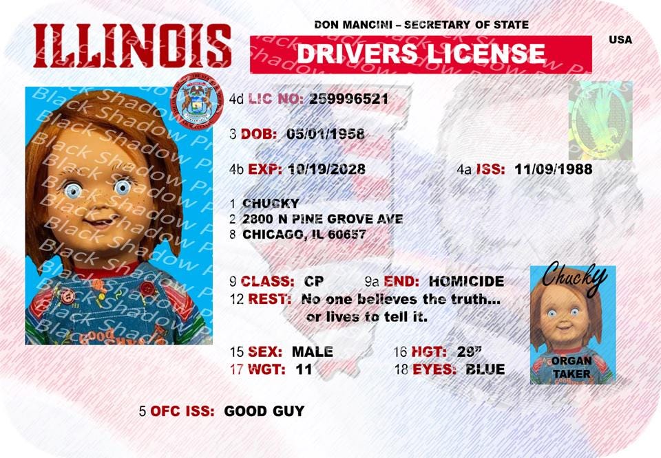 Chucky Child's Play Drivers License Replica Film Prop - Looks and Feels ...