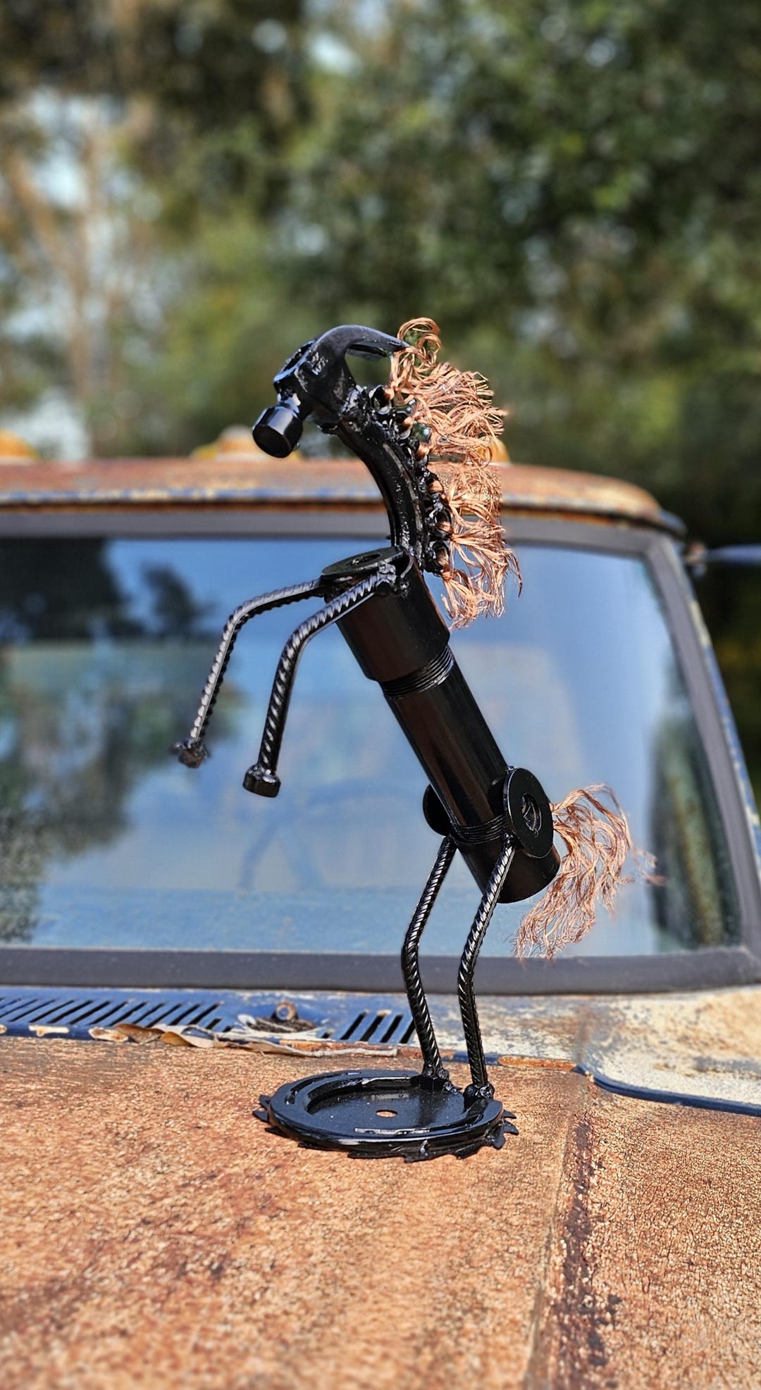 Metal Scrap Art Black Horse Sculpture With Copper Mane and Tail ...