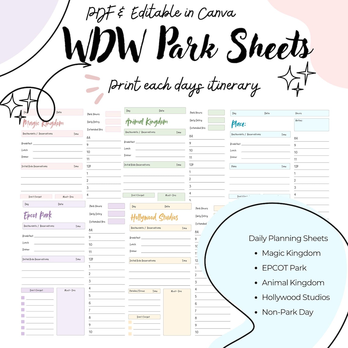 Daily Disney World Trip Itinerary Template Printable & Editable in ...