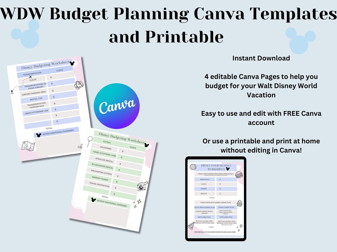 WDW Orlando Theme Park Budget Printable Vacation Costs and Canva ...