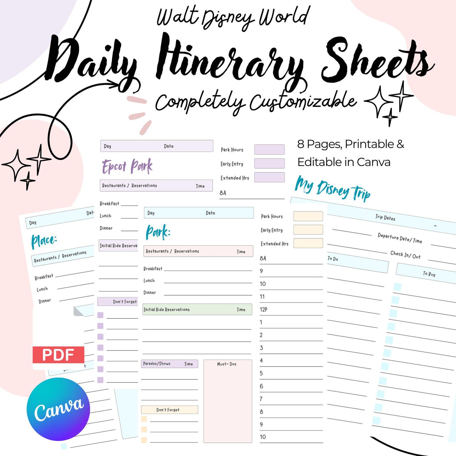 Daily Disney World Trip Itinerary Template Printable & Editable in ...