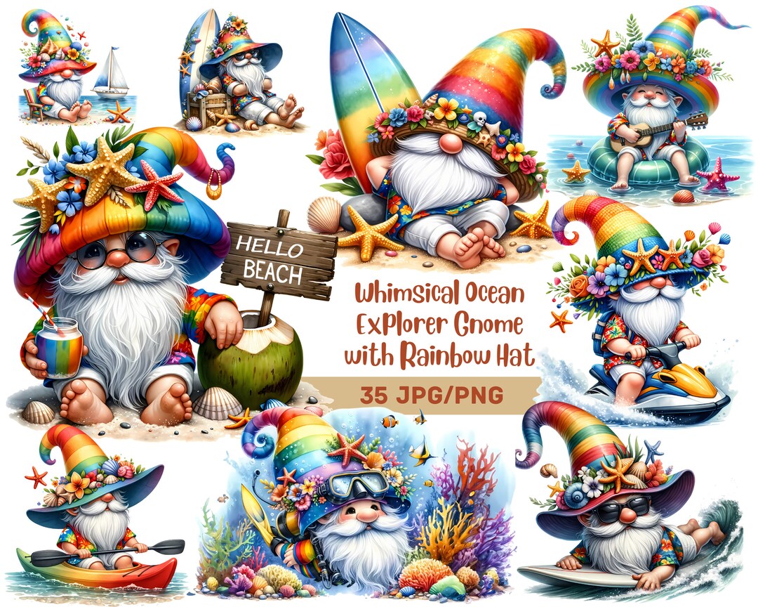 Whimsical Ocean Explorer Gnome With Rainbow Hat, Explorer, Rainbow Hat ...