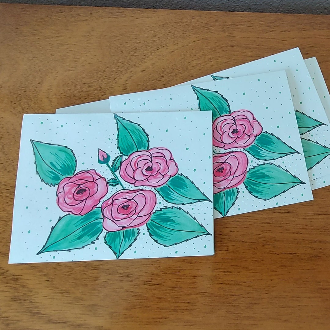 Pink Rose Floral Blank Inside Greeting Card Set | Hand-made Watercolor ...