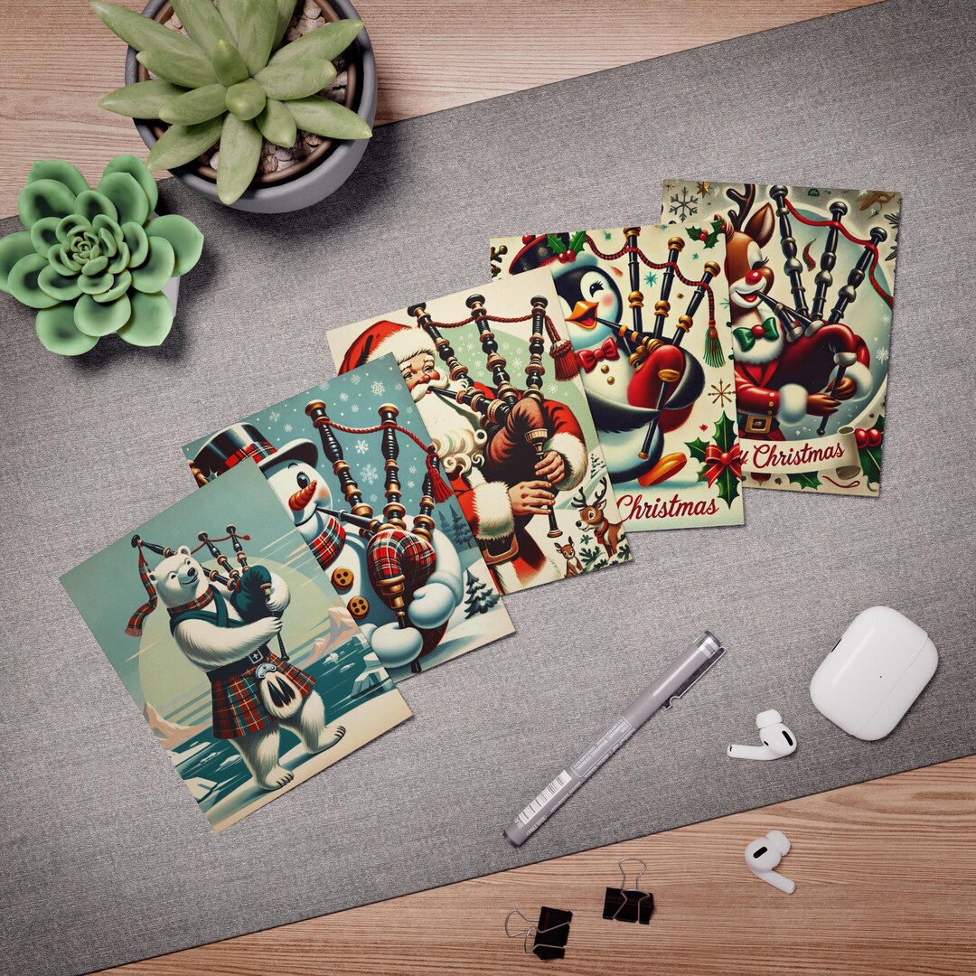 Festive Bagpipe Christmas Cards 5-pack Featuring Santa, Snowman ...