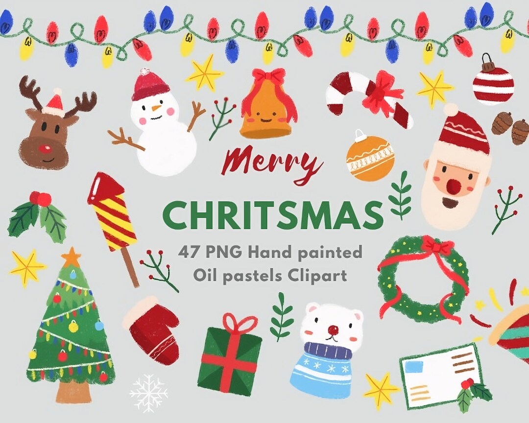 Cute Oil Pastels Christmas Clipart, Woodland Animal, Element ...