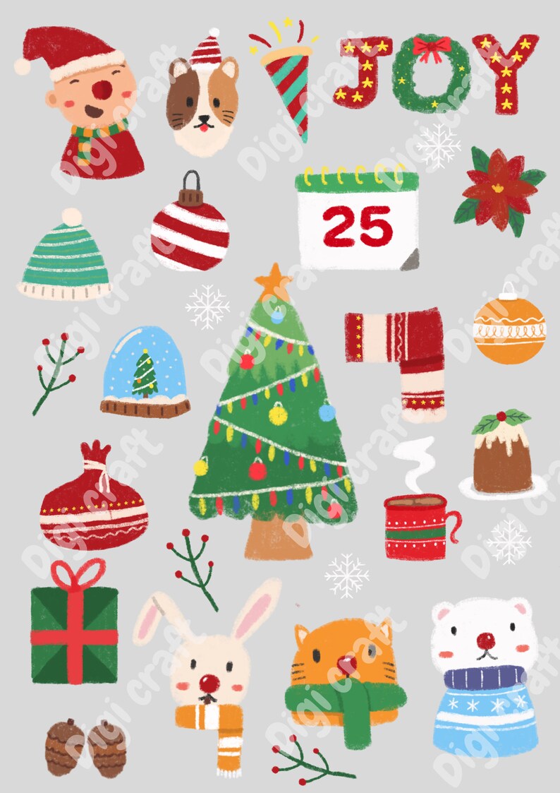 Cute Oil Pastels Christmas Clipart, Woodland Animal, Element ...