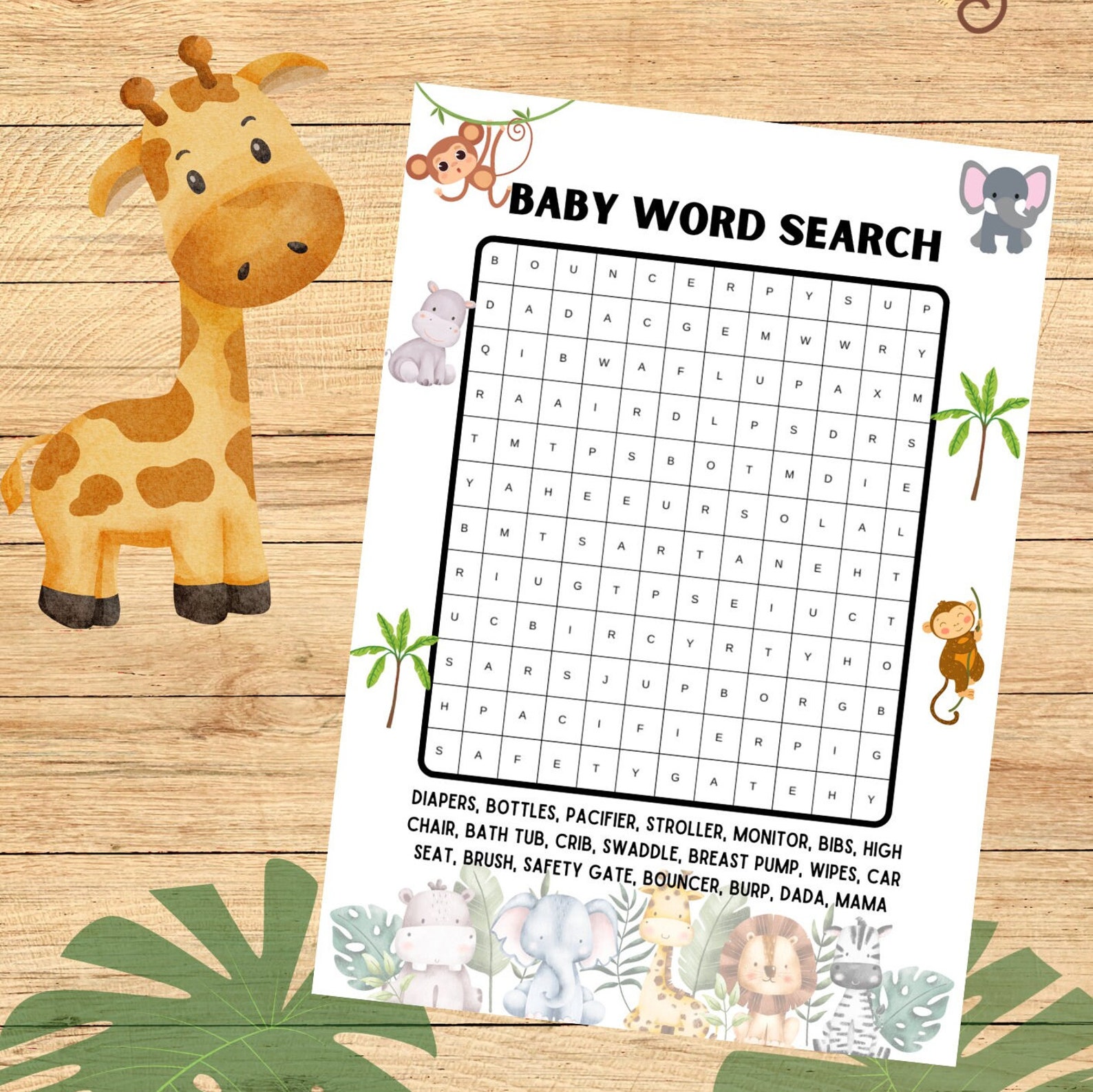 Jungle Theme Baby Shower Baby Word Search Game / Baby Shower Printables ...