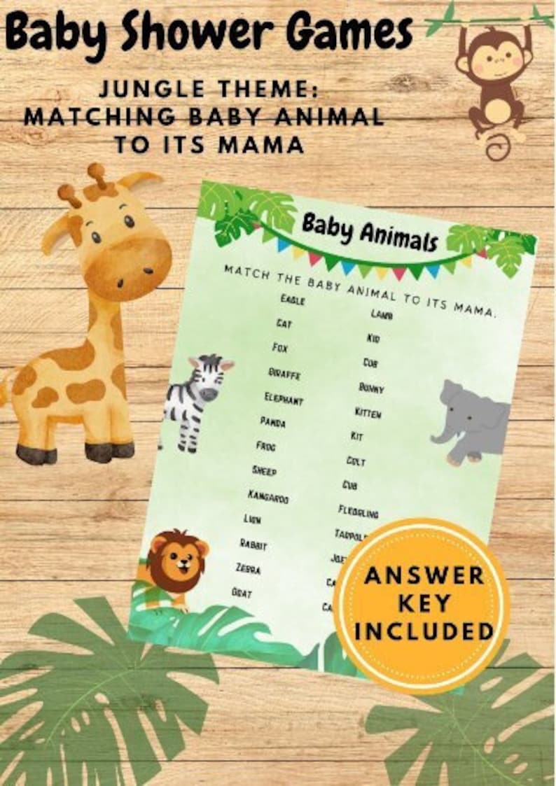Jungle Theme Baby Shower Matching Game & Answer Key / Match Mama to ...