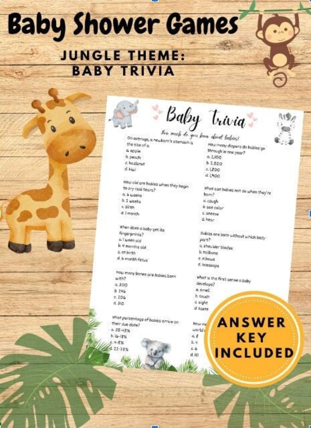 Jungle Theme Baby Shower Baby Trivia Game & Answer Key / Baby Shower ...