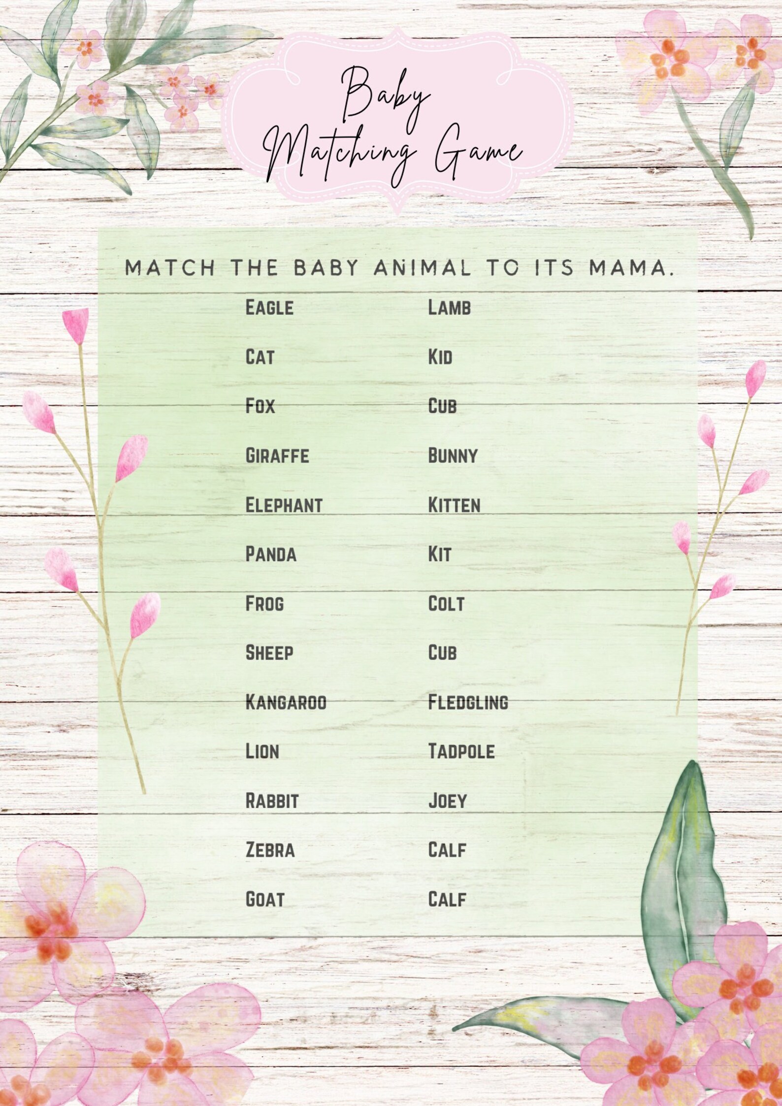 Baby Girl Feminine Baby Shower Matching Game & Answer Key / Match Mama ...