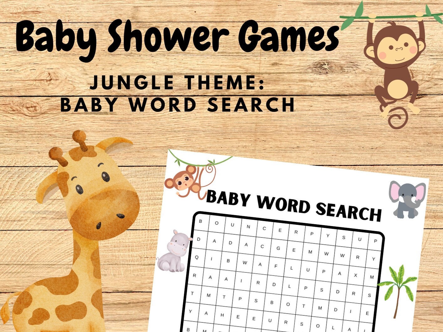 Jungle Theme Baby Shower Baby Word Search Game / Baby Shower Printables ...